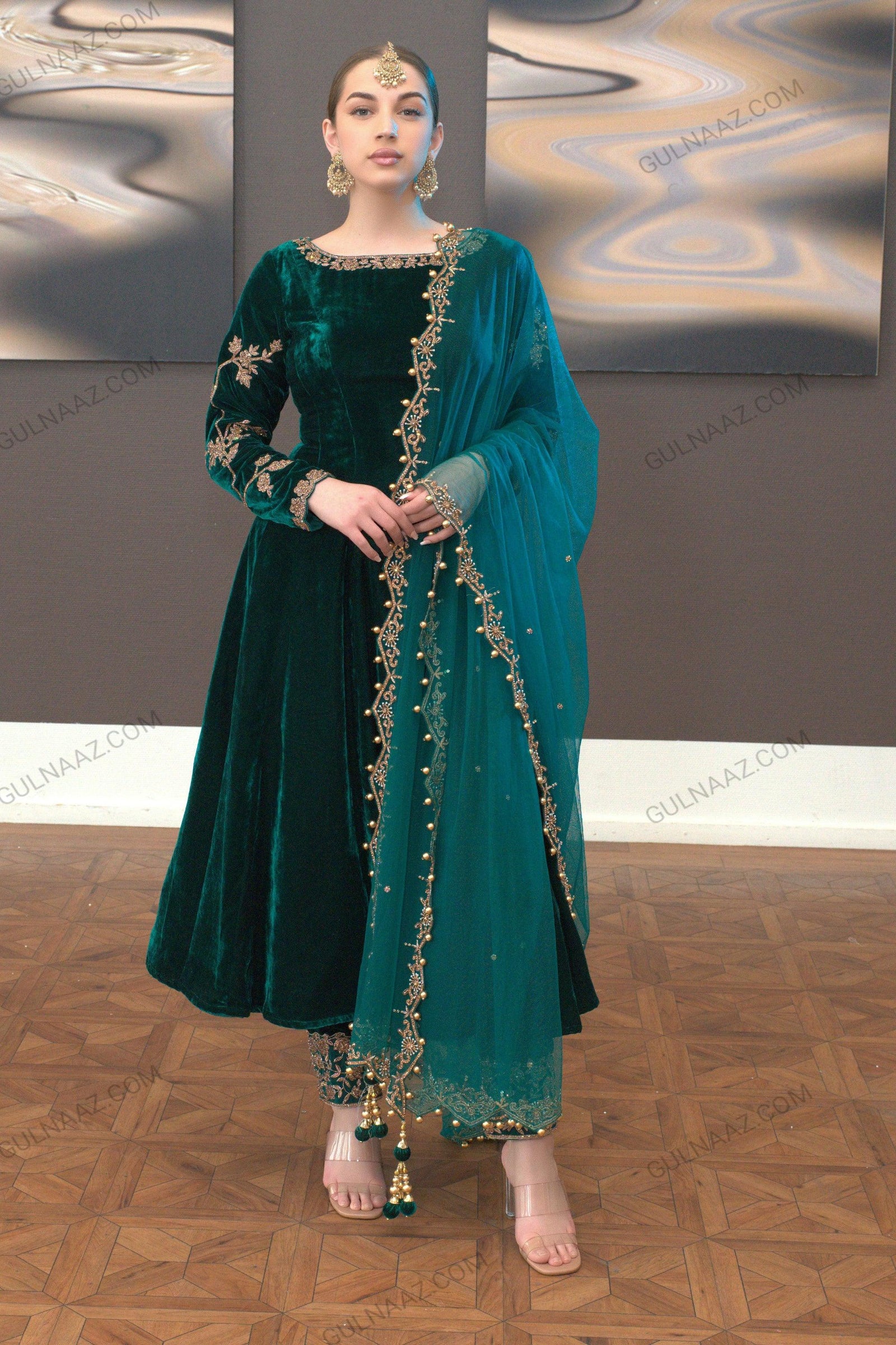 Zafira Green Velvet Anarkali Dress | Shop Now!