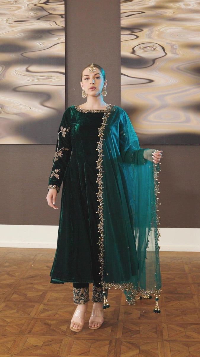 Zafira - Green Velvet Anarkali Dress – Gulnaaz Fashion